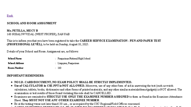 Civil Service ROOM Assign - Back SCHOOL AND ROOM ASSIGNMENT Ms. PETILLA ...