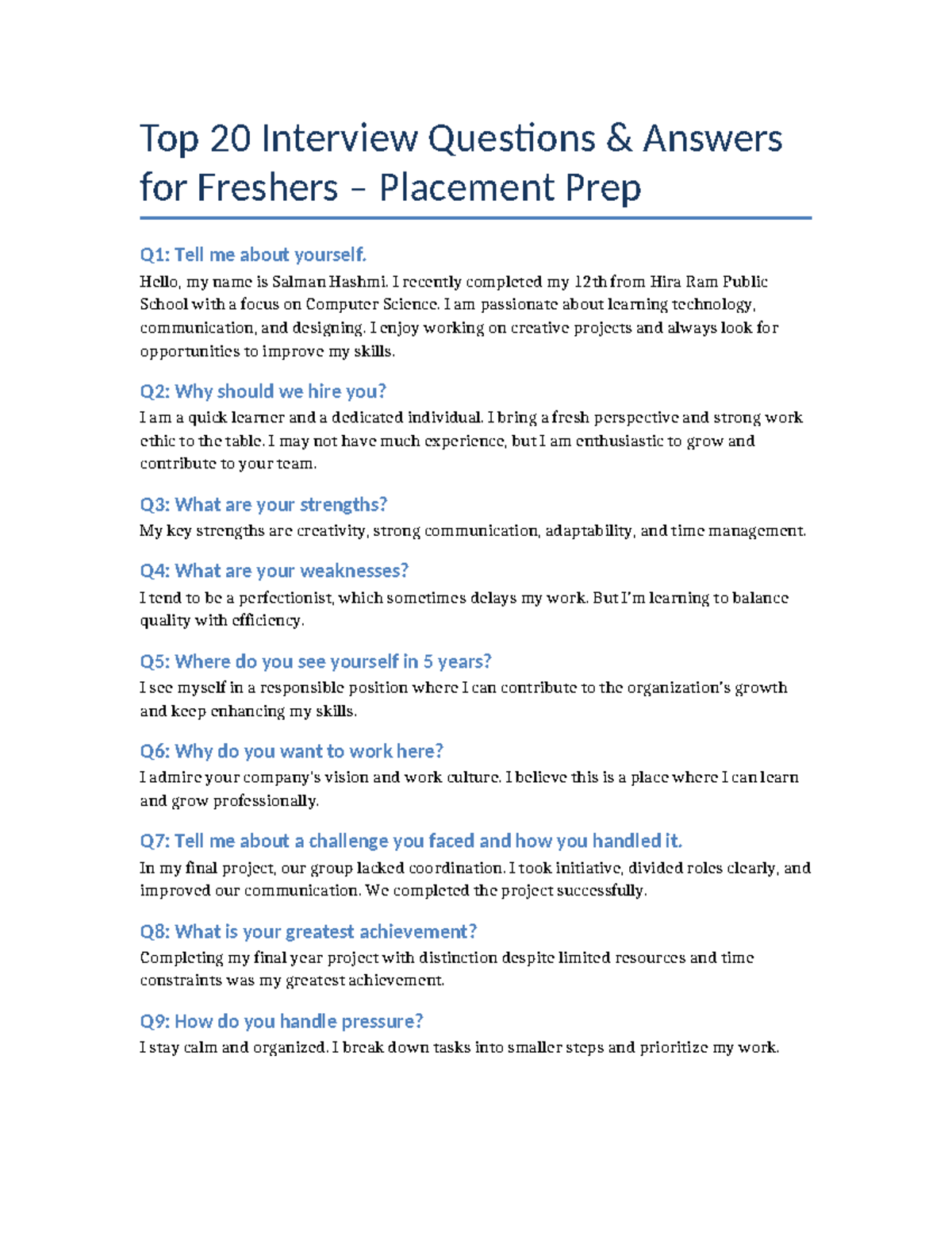 Top 20 Interview Questions & Answers for Freshers Prep - Studocu