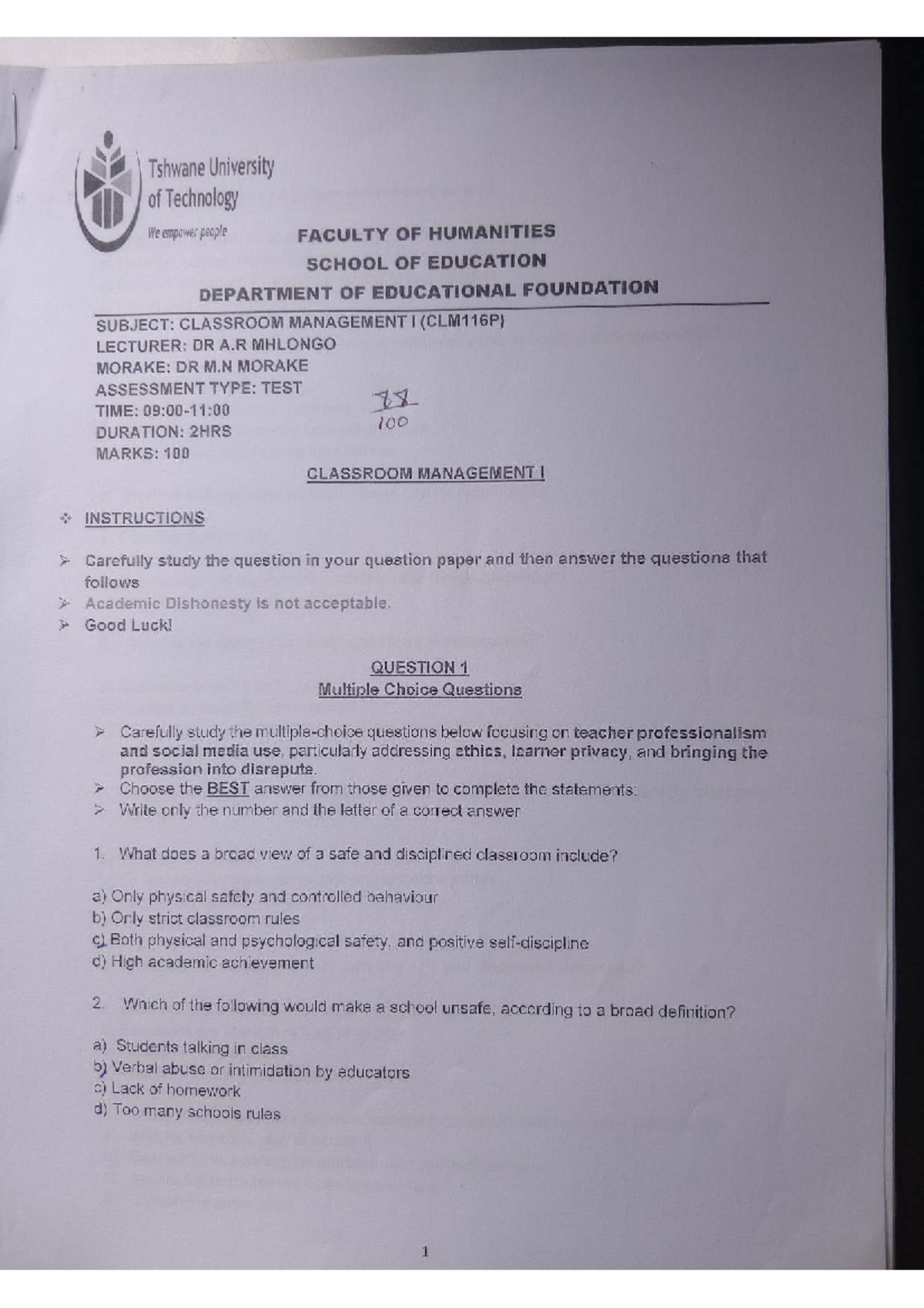CLM116P Test: Classroom Management I - Studocu