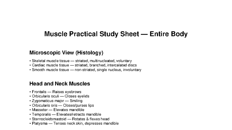 Muscle Practical Study Sheet: Microscopic & Anatomical Overview - Studocu