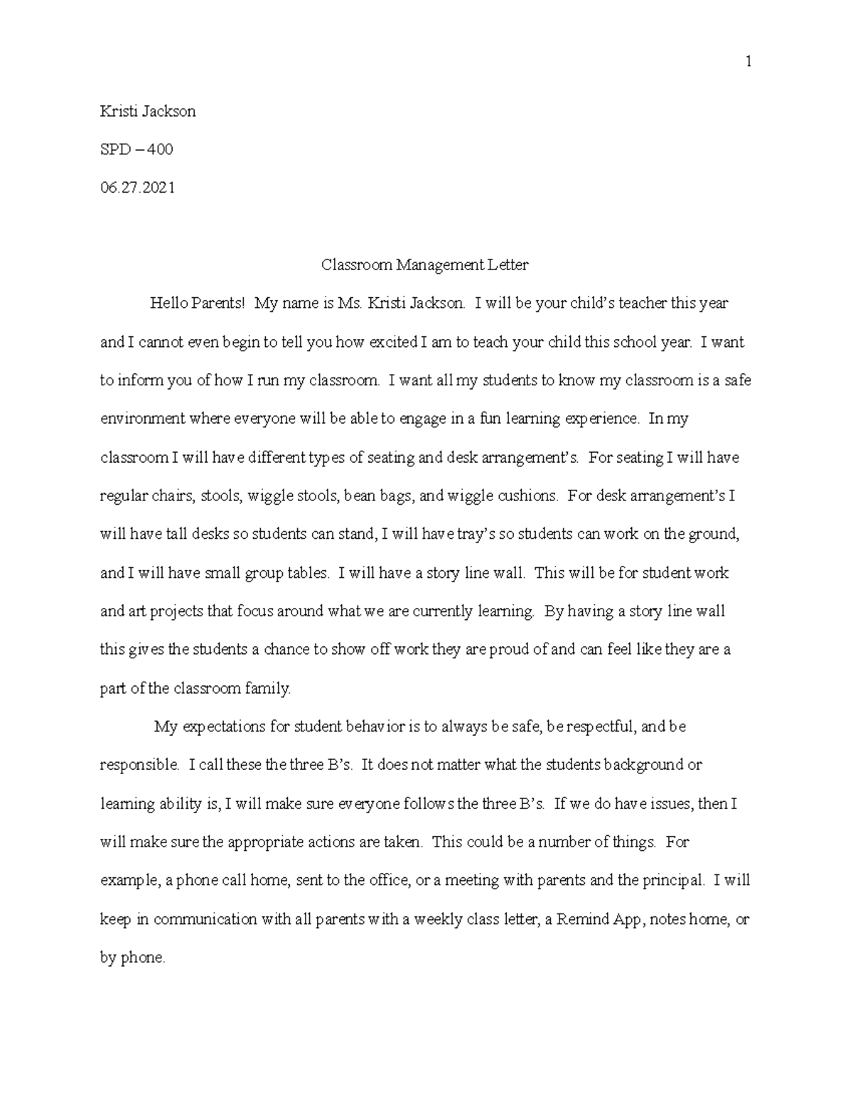 SPD-400 Classroom Management Letter: Creating a Positive Environment ...
