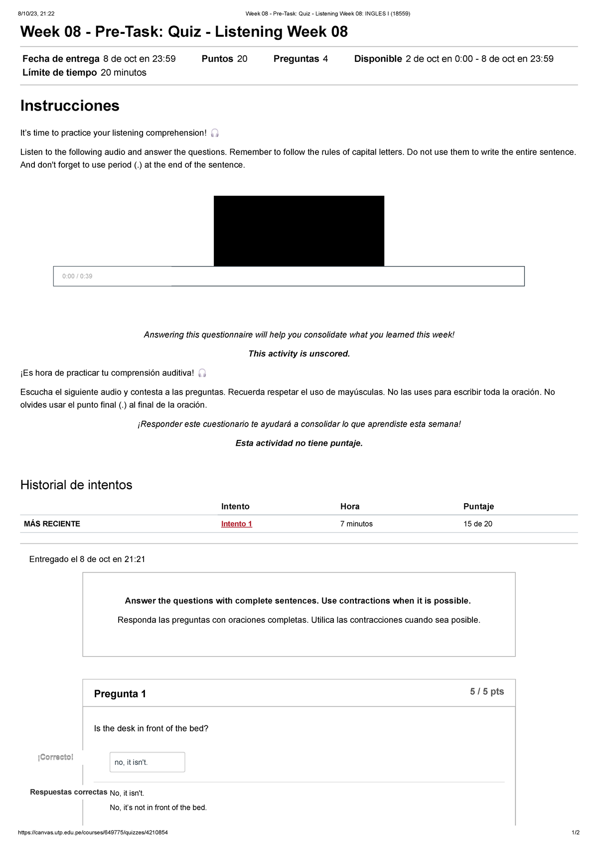 Week 08 - Pre-Task Listening Quiz - Ingles I (18559) - Studocu