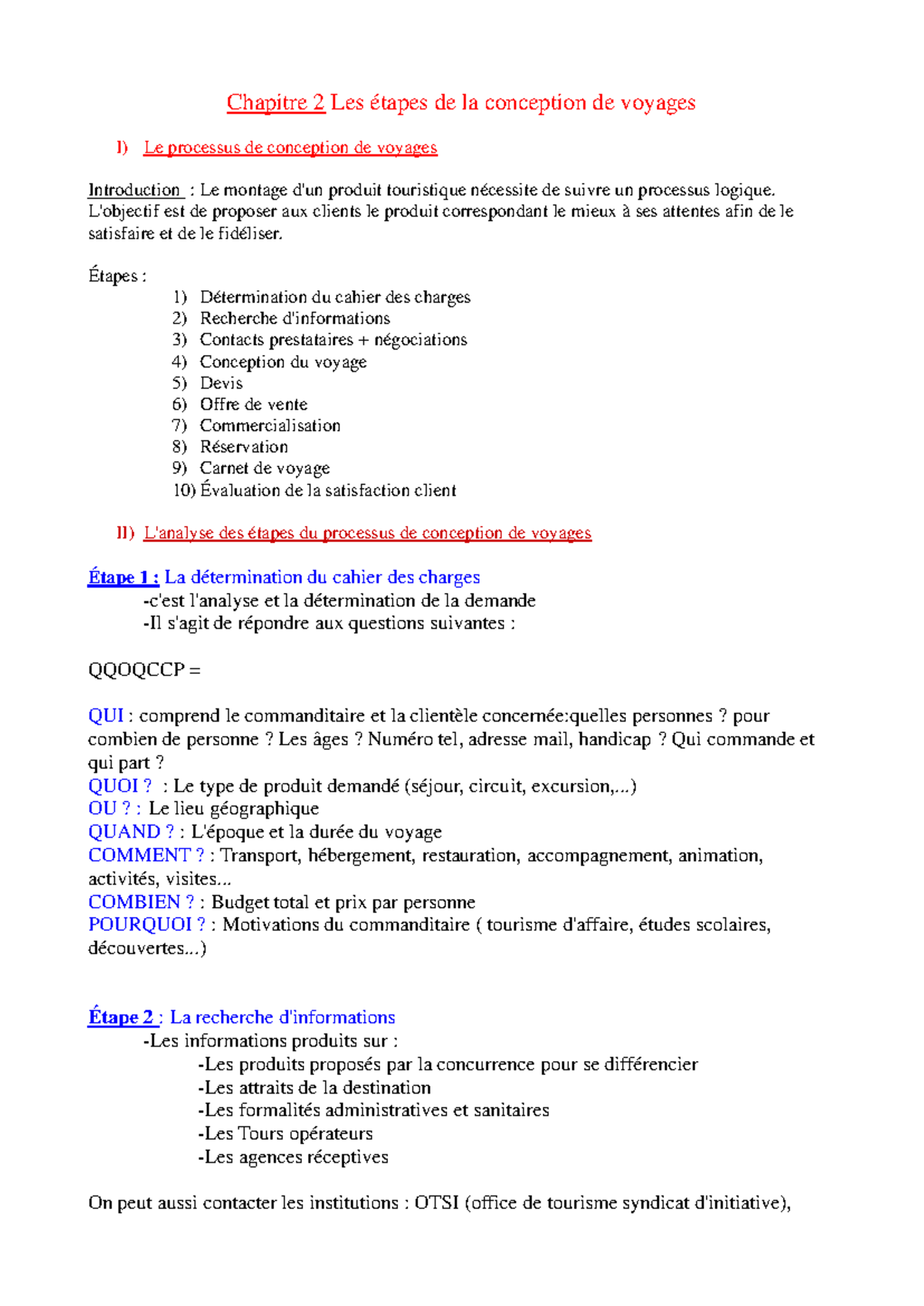 Chap 2 - Processus de Conception de Voyage Touristique - Studocu
