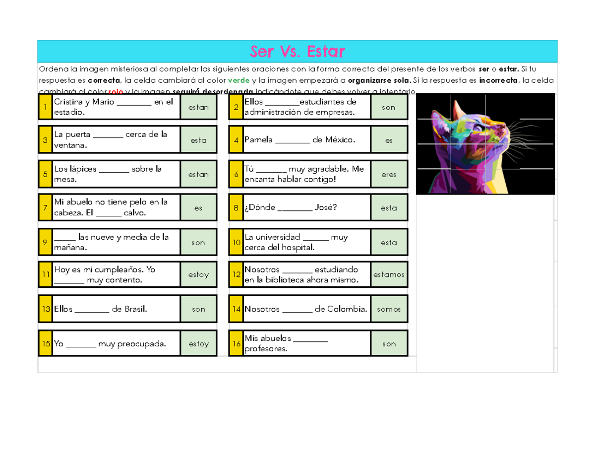 Ser vs. Estar: Ejercicio Interactivo de Verbos - Sheet 1 - Studocu