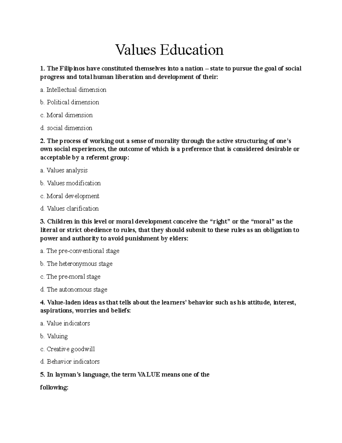 Values Education Quiz Part 1: Key Concepts and Principles - Studocu