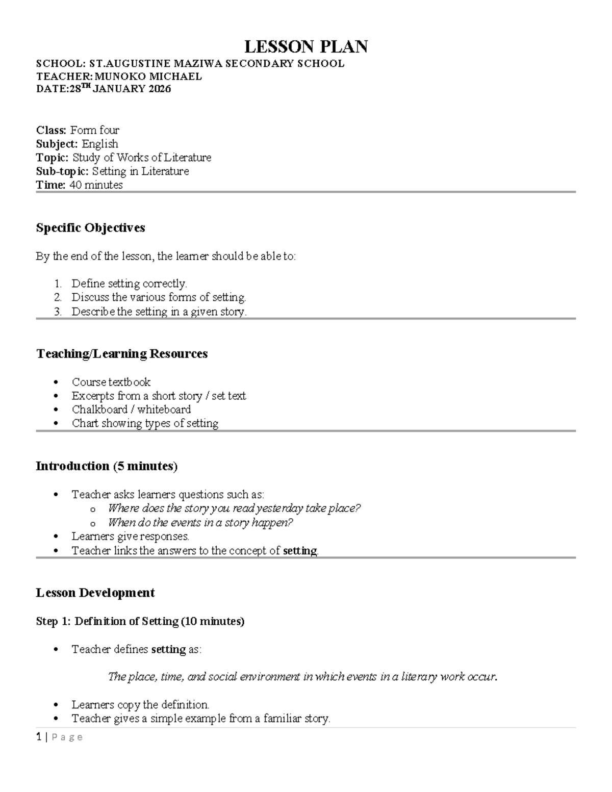 Form Four English Lesson Plan: Understanding Literary Settings (28TH ...