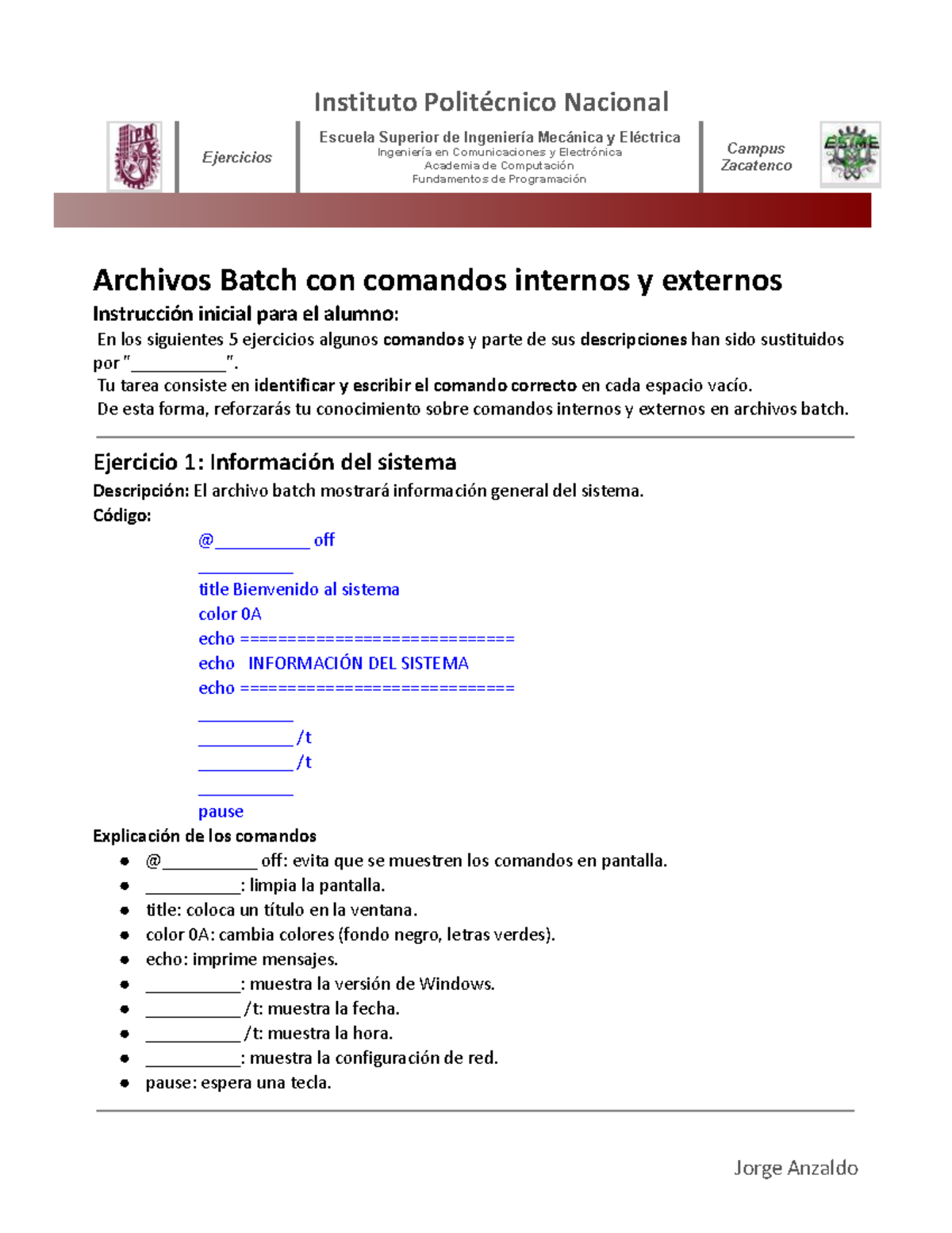 Ejercicios de Archivos Batch: Comandos Internos y Externos - Studocu