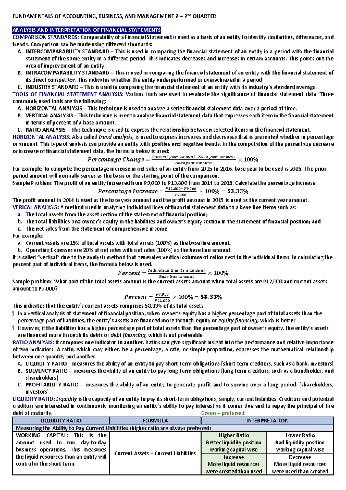 FABM 2 2Q L1 Financial Statement Analysis: Tools & Techniques - Studocu