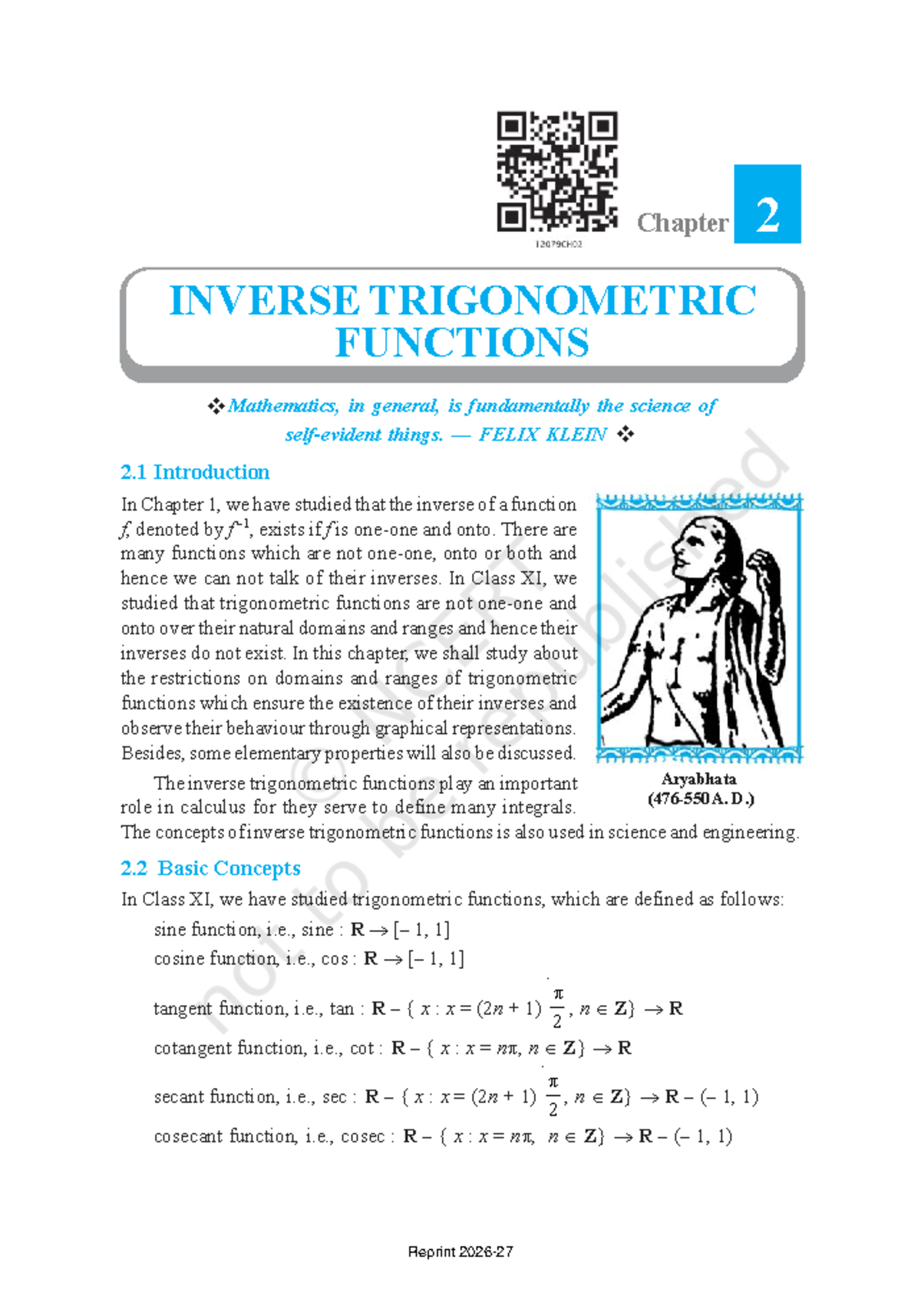 18 MATHEMATICS Chapter 2 INVERSE TRIGONOMETRIC FUNCTIONS Notes - Studocu