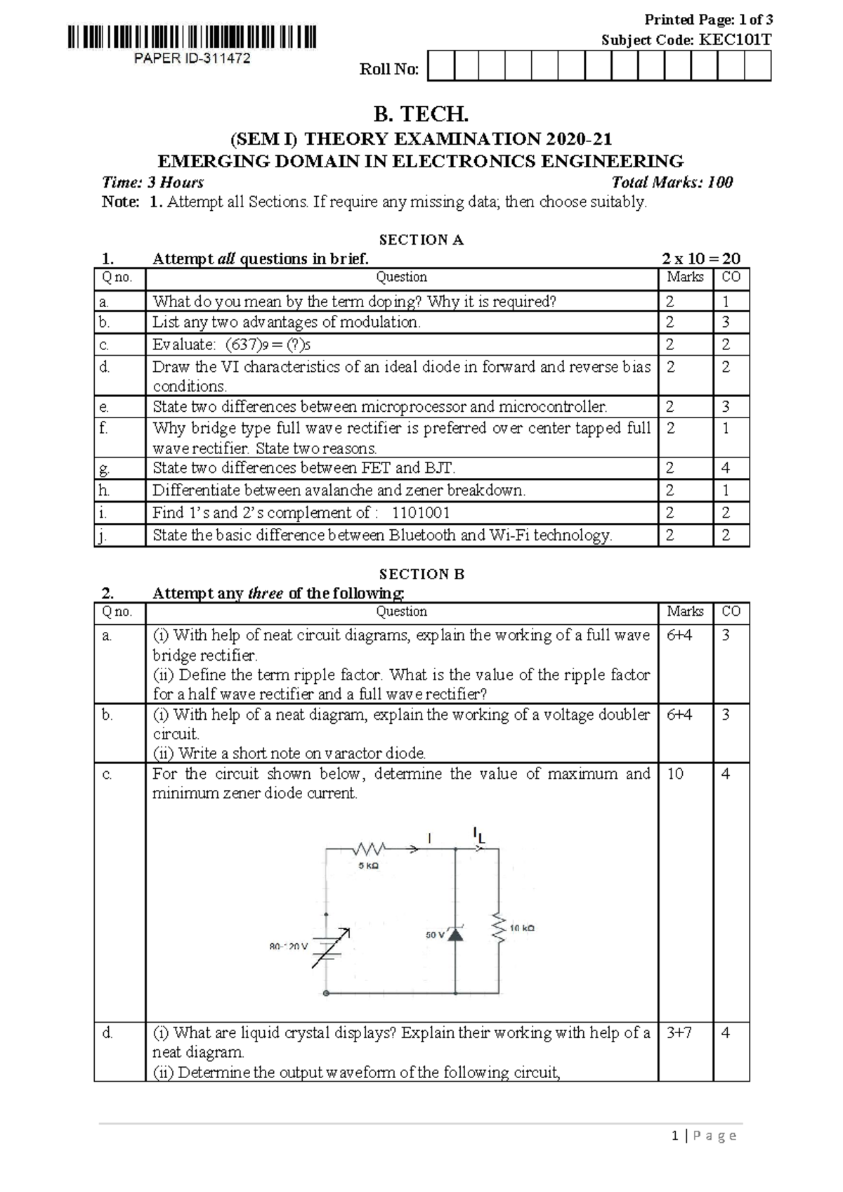 B.Tech 1st Sem KEC101T Theory Exam: Emerging Domain in Electronics ...