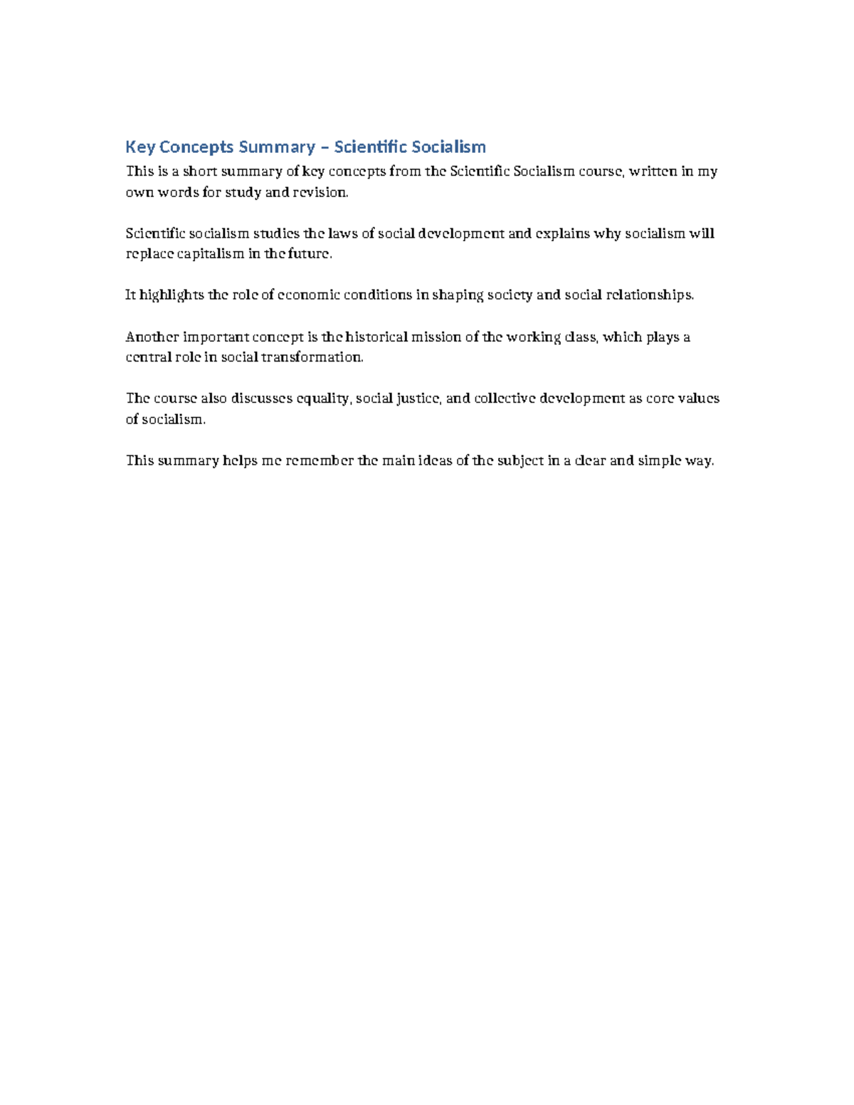 Key Concepts Summary for Scientific Socialism Course - Studocu