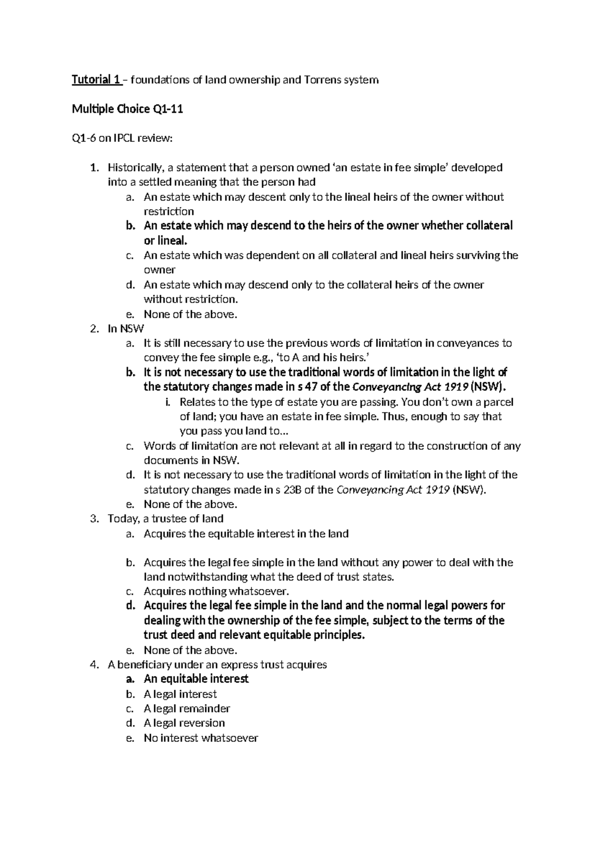 Tutorial 1 - Foundations of Land Ownership & Torrens System MCQs - Studocu