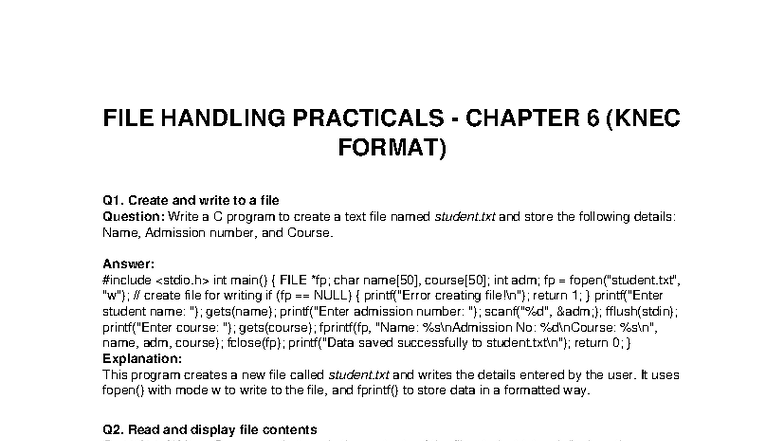 File Handling Practicals CH6 (KNEC) - C Programming Exercises - Studocu