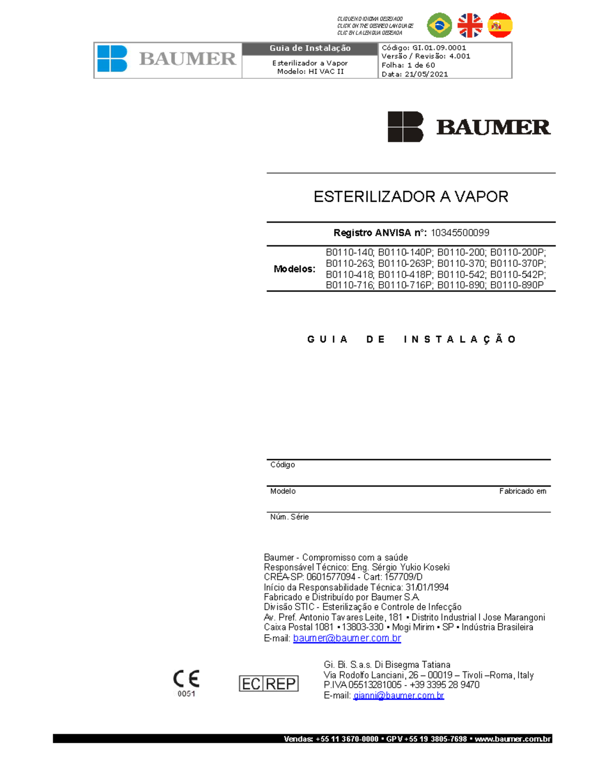 Guia de Instalação do Esterilizador a Vapor HI VAC II - Código: GI.01. ...