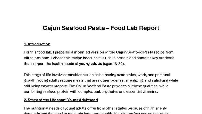 HFA4U Cajun Seafood Pasta Food Lab Report: Nutritional Insights - Studocu