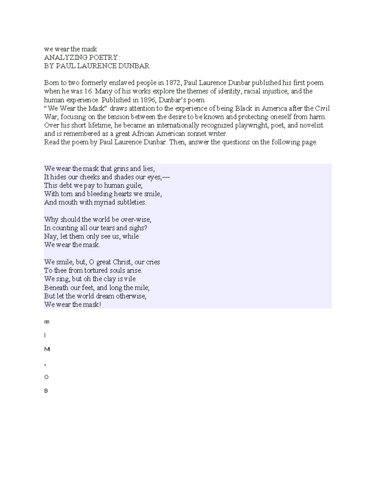 Analysis of "We Wear The Mask" by Paul Laurence Dunbar - Studocu