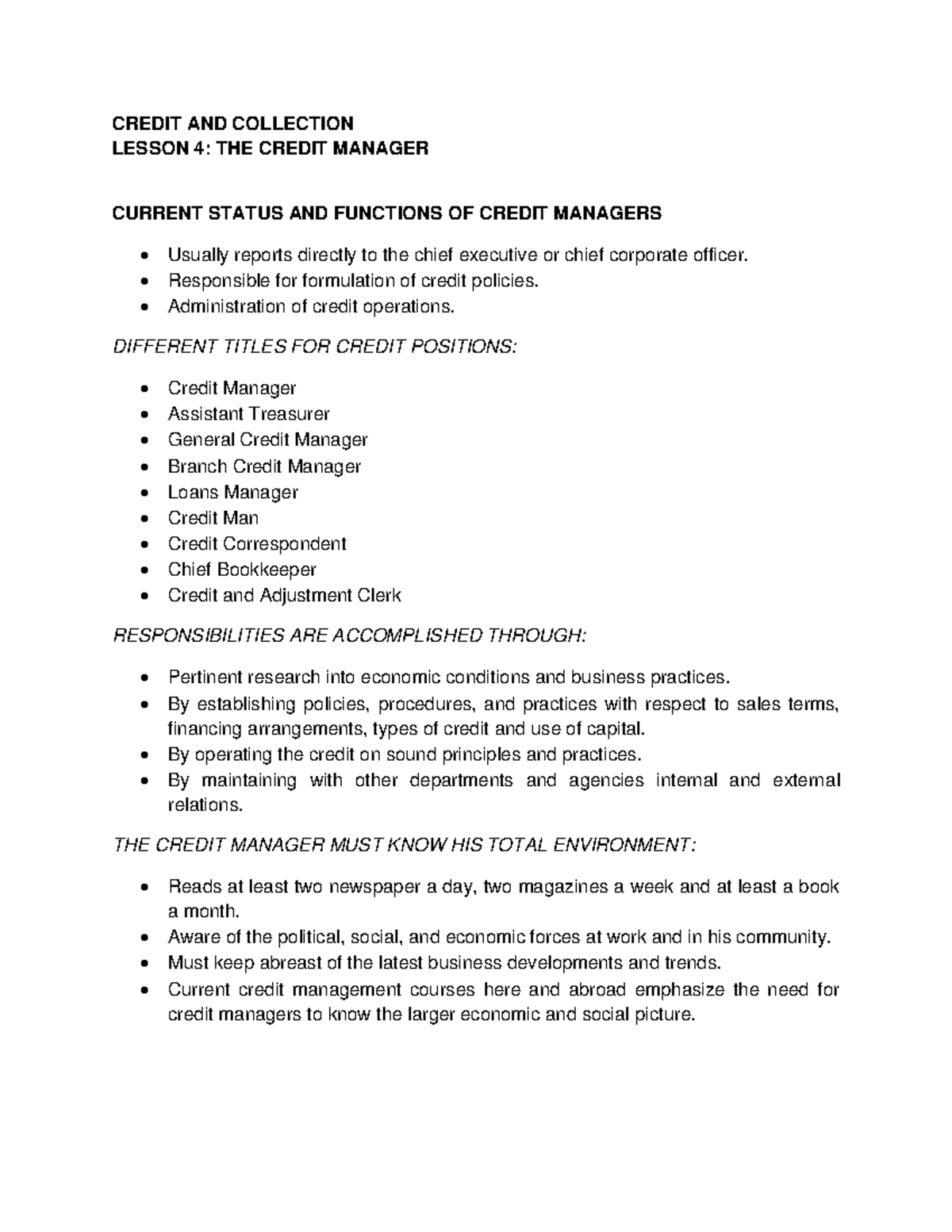 Lesson 4 - The Credit Manager - Credit And Collection - Studocu