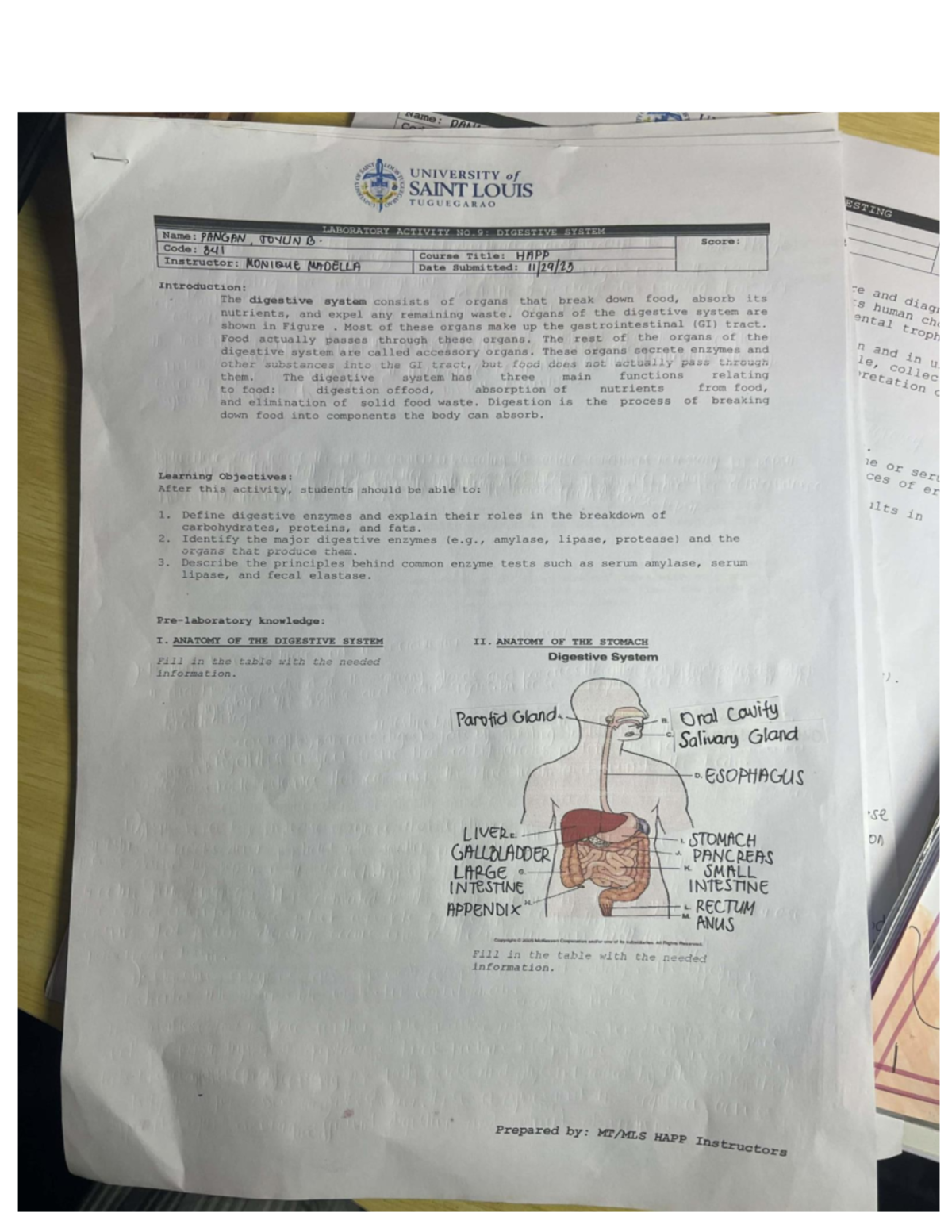 HAPP 341 Laboratory Activity No. 9: Digestive System Insights - Studocu