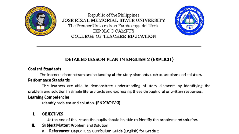 Detailed Lesson Plan in English 2: Problem and Solution (EDU 101) - Studocu