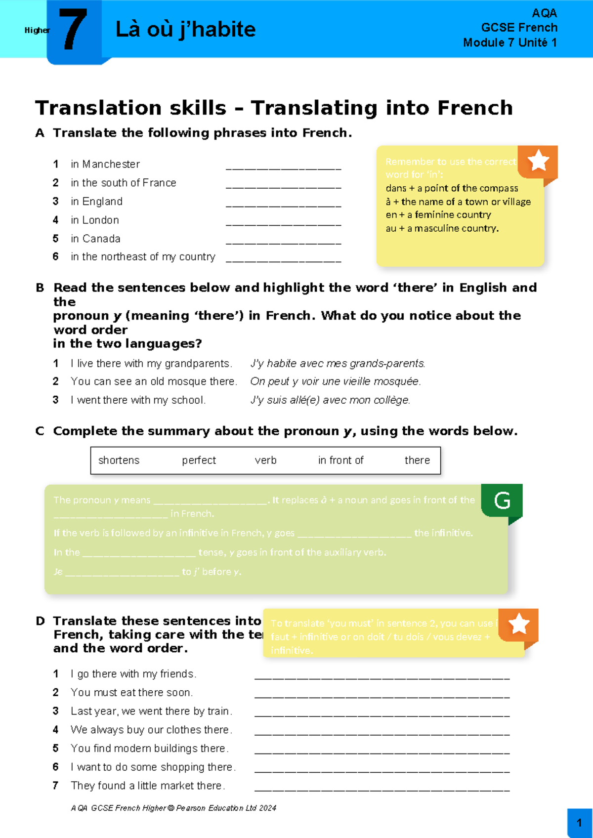 AQA GCSE French M7U1 Skills Worksheet: Translation & Pronoun 'y' - Studocu