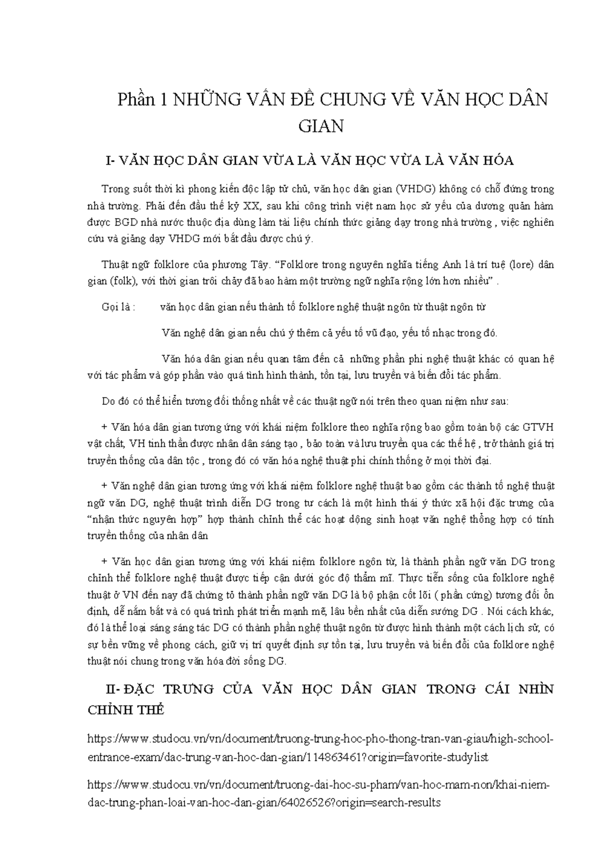 KIẾN THỨC VĂN HỌC DÂN GIAN: ĐẶC TRƯNG VÀ TÍNH CHẤT - Studocu