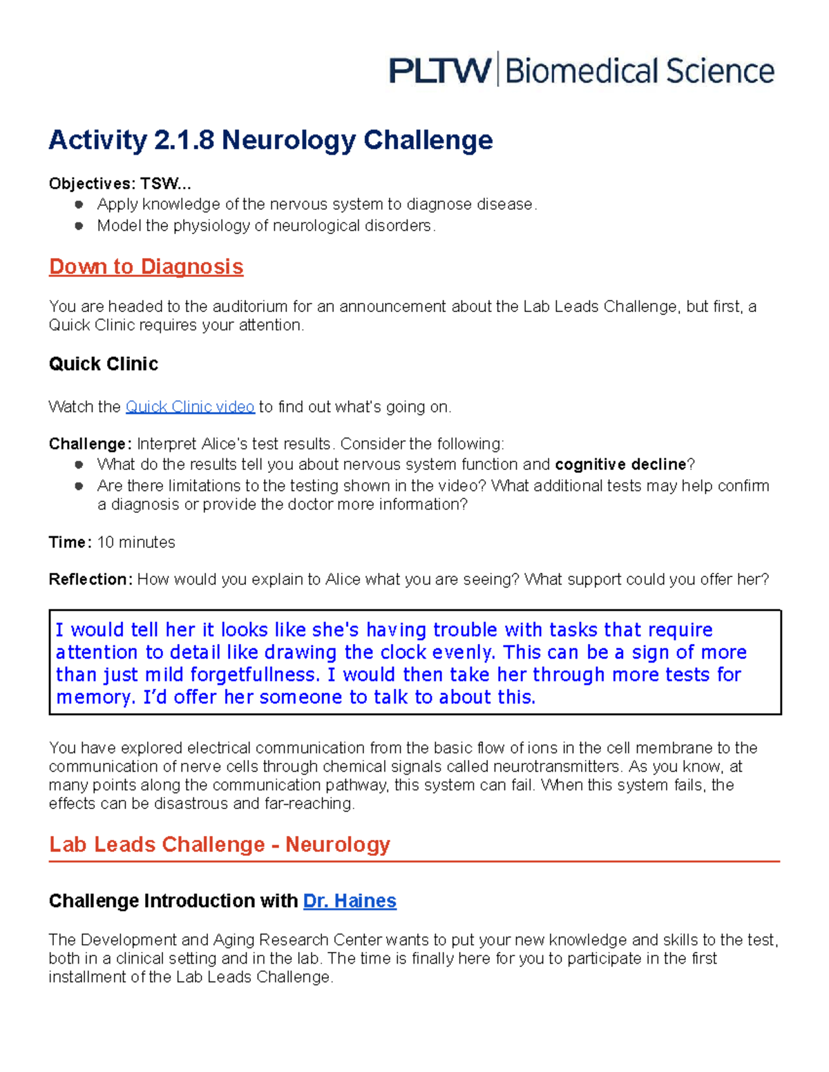 Neurology Lab Leads Challenge - Diagnosing Disorders in TSW 2.1 - Studocu