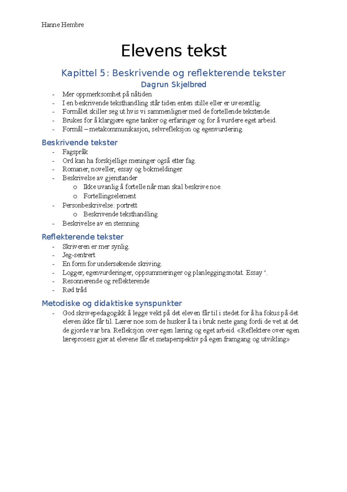 Kap 5 Beskrivende og reflekterende tekster - Hanne Hembre Elevens tekst Kapittel 5: Beskrivende ...