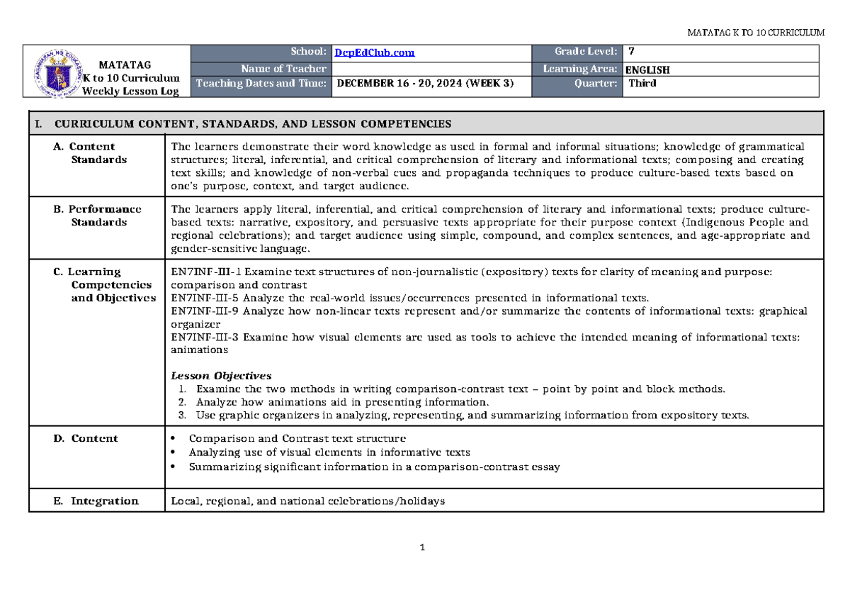 DLL Matatag English 7 Q3 W3: Weekly Lesson on Comparison-Contrast Texts ...