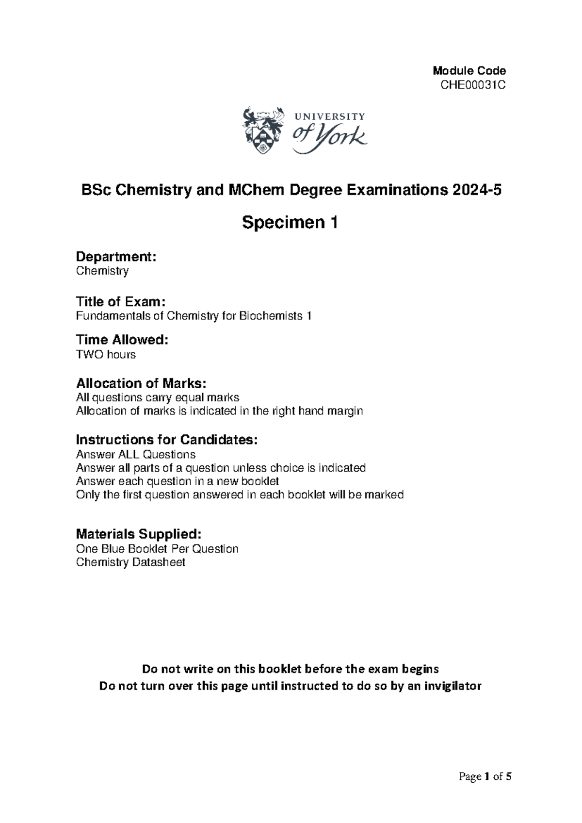 CHE00031C Fundamentals of Chemistry for Biochemists 1 Exam Specimen ...