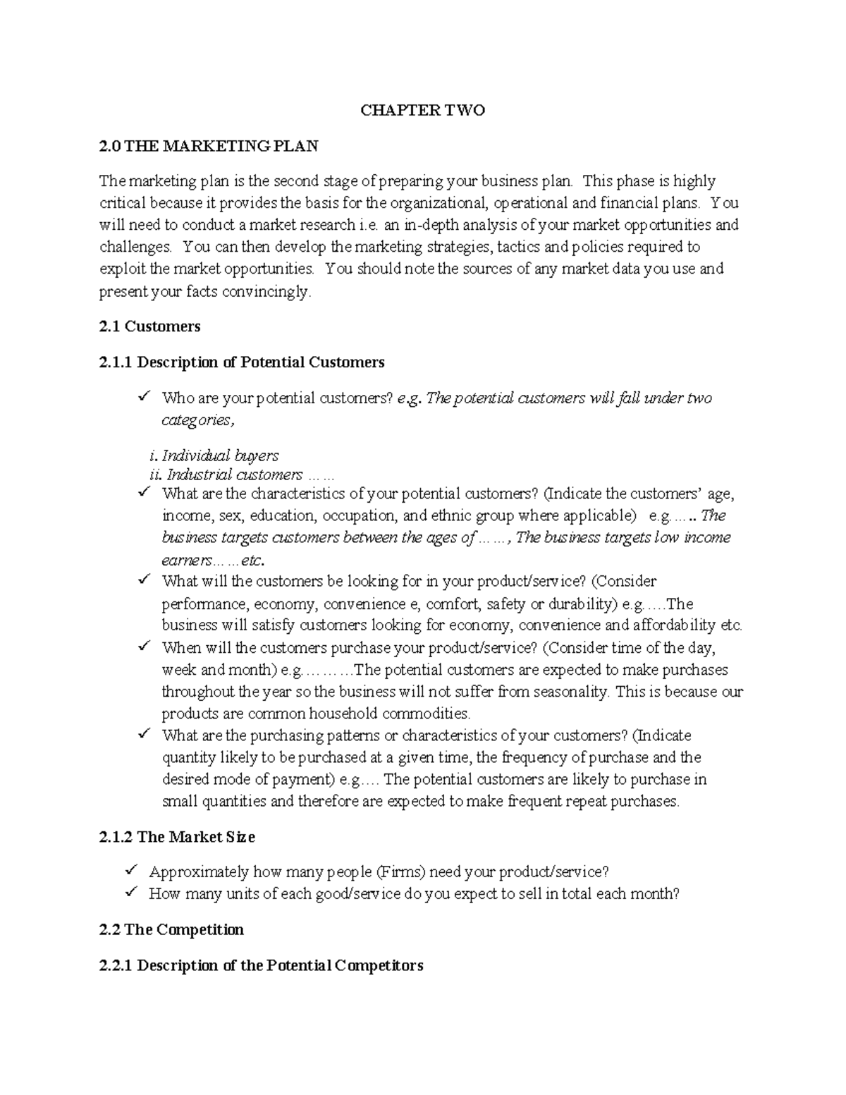 Business PLAN Chapter TWO - CHAPTER TWO 2 THE MARKETING PLAN The ...
