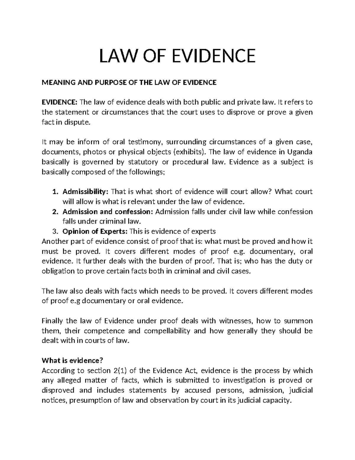 LAW OF EVIDENCE 1: Meaning, Purpose, and Key Concepts - Studocu
