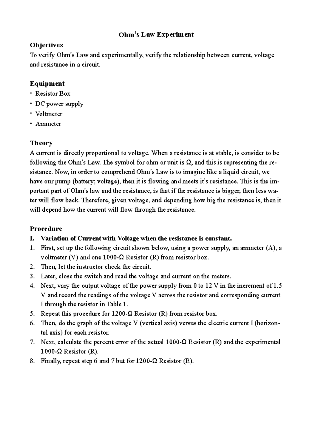Ohm's law - Lab report - Law Experiment Objectives To verify Law and ...