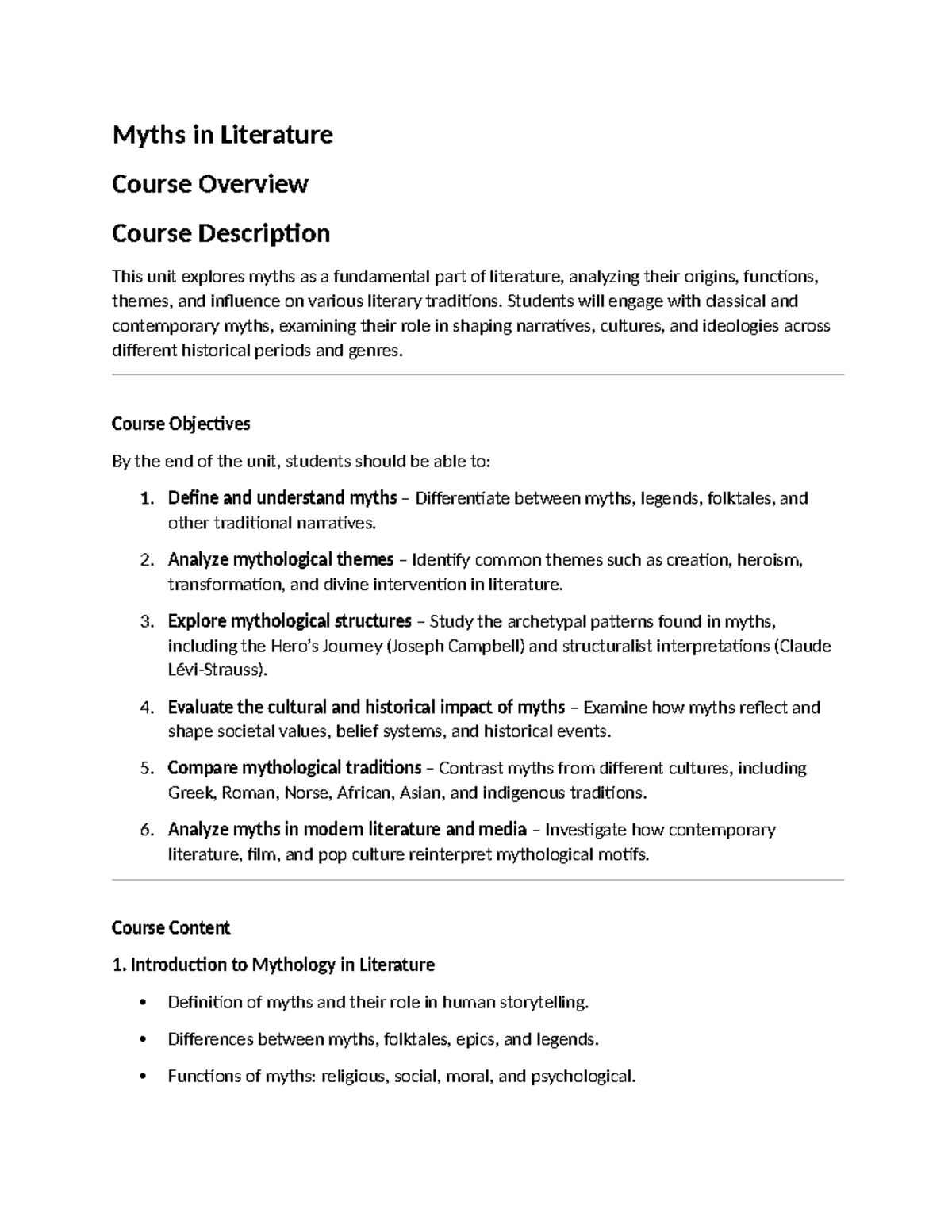Myths in Literature: Course Overview and Key Themes (MYTH101) - Studocu