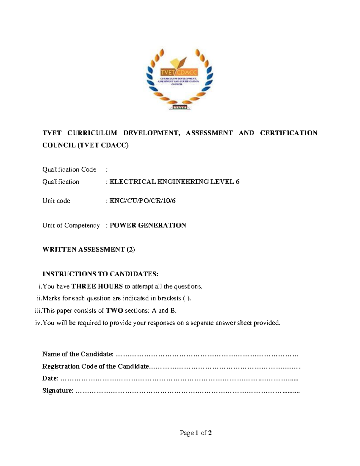 TVET CDACC Level 6 Electrical Engineering PG CAT 2 Assessment Tool ...