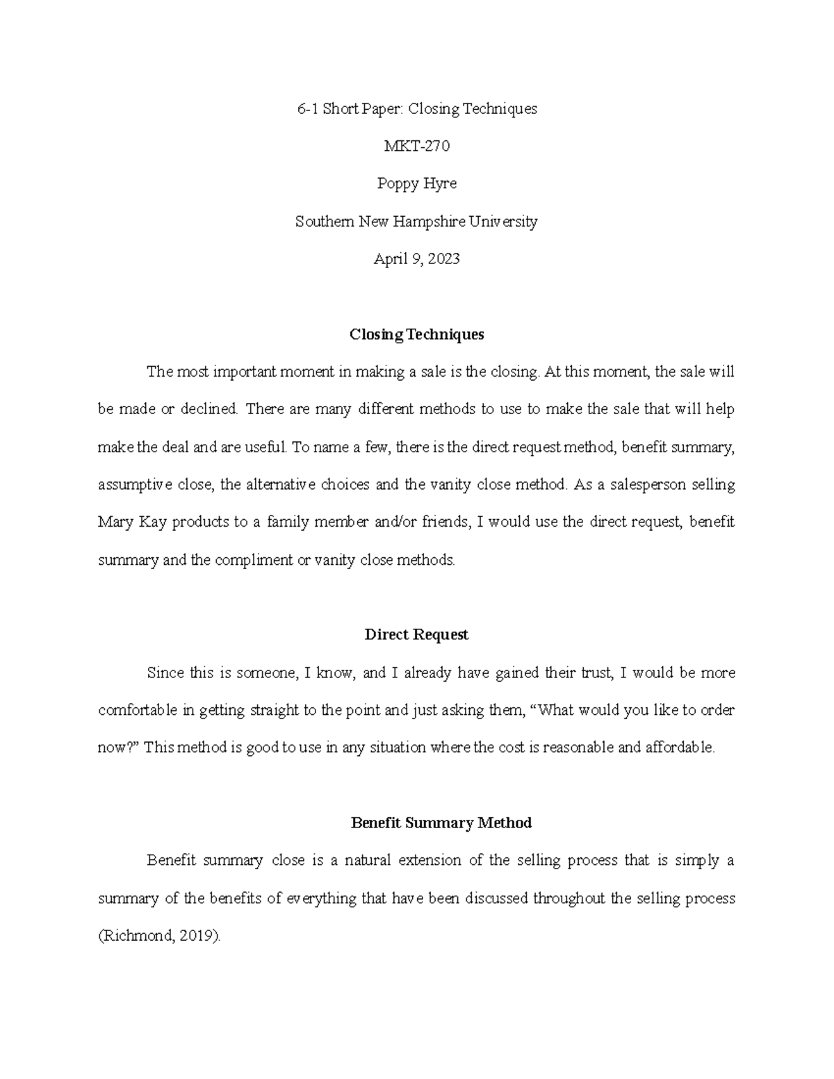 6-1 Short Paper - Closing Techniques - 6-1 Short Paper: Closing ...