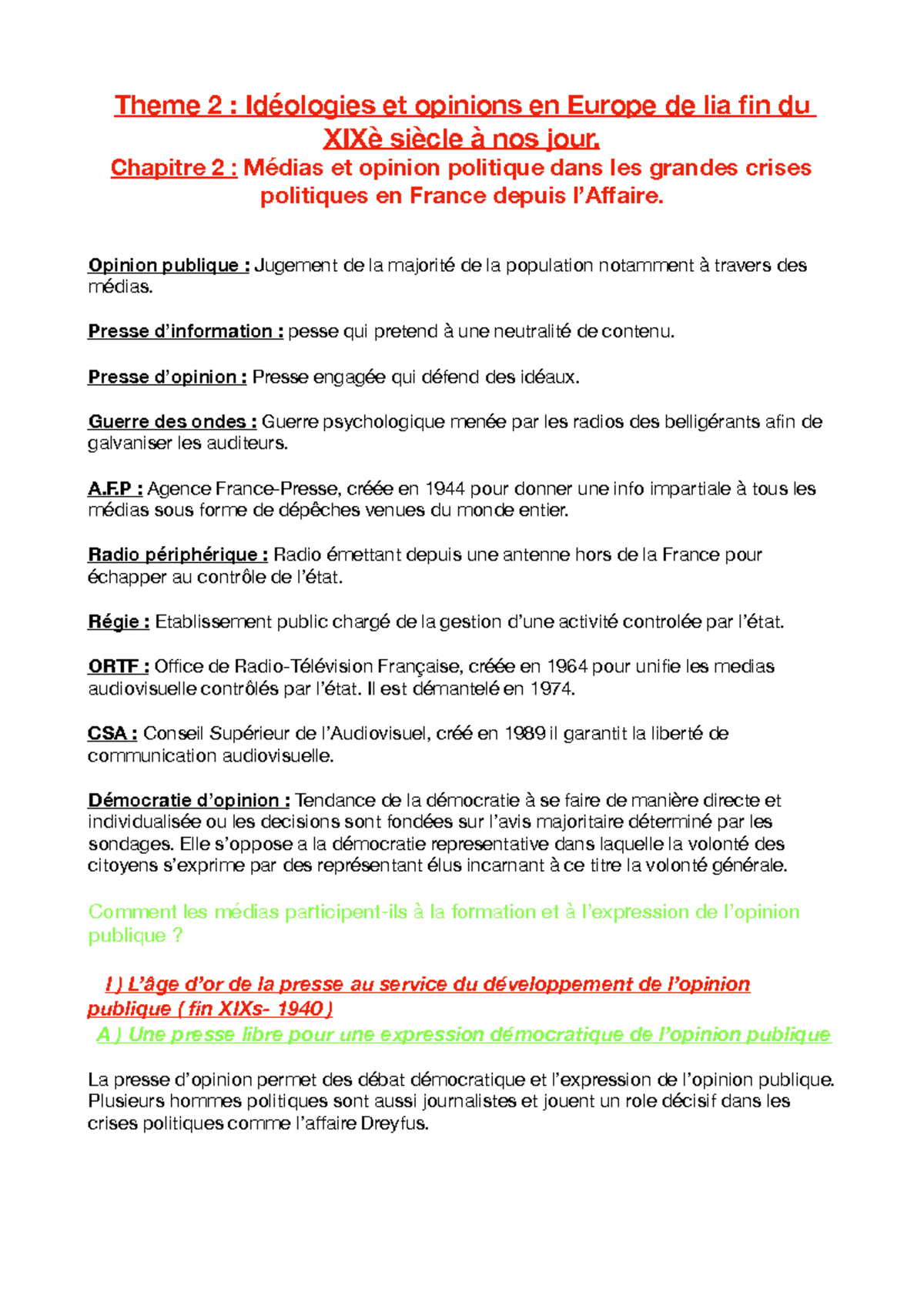 Theme 2, chapitre 2 - Fiche histoire - Theme 2 : Idéologies et opinions ...