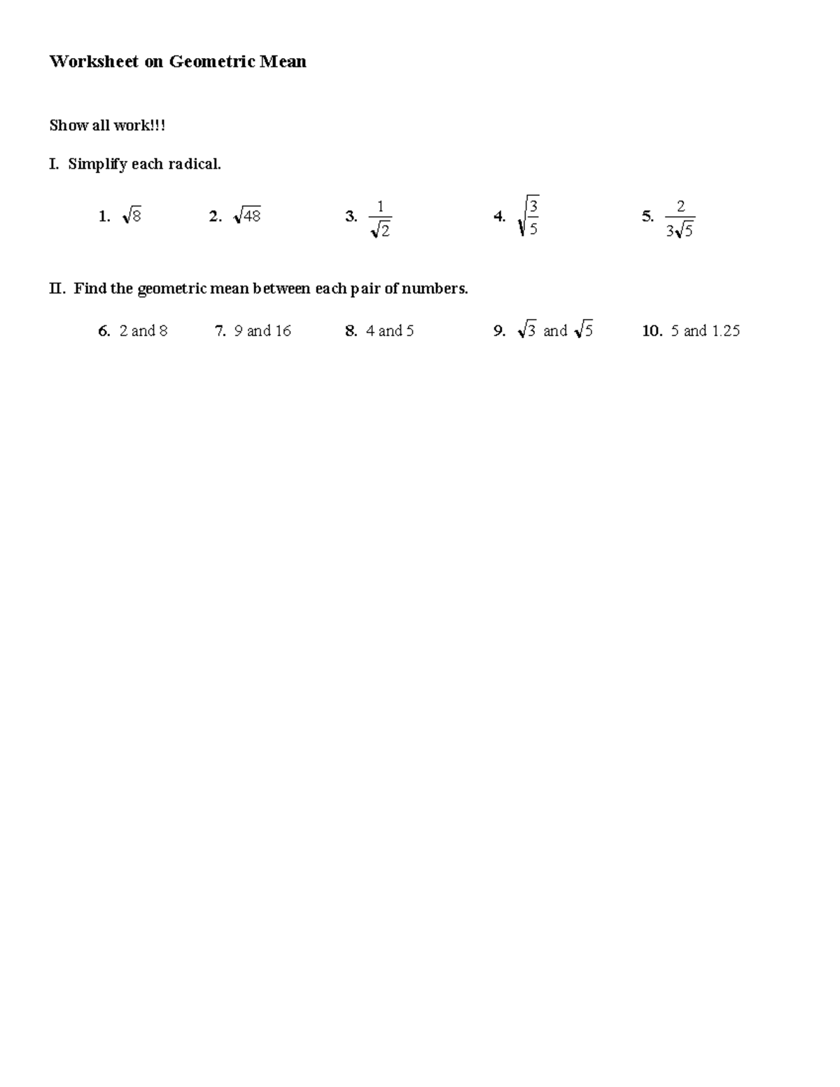 HE 6-1 - work - Worksheet on Geometric Mean Name ...