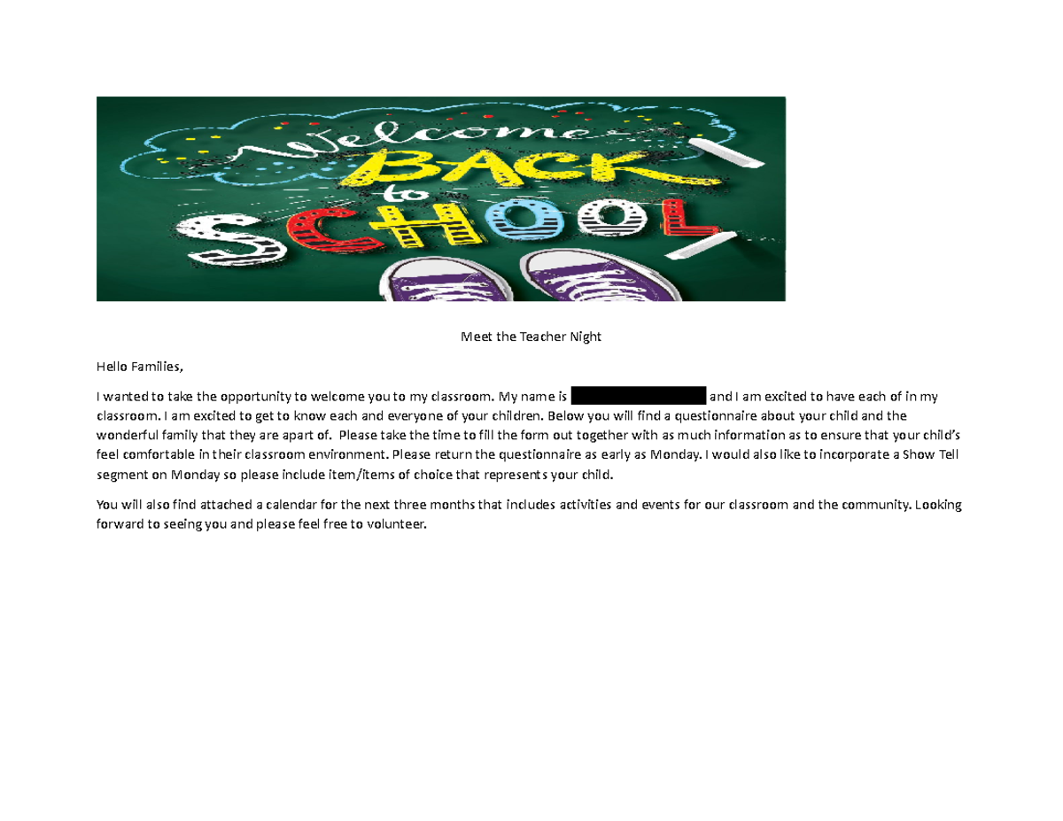 Meet the Teacher Night: Welcome & Family Questionnaire - Studocu