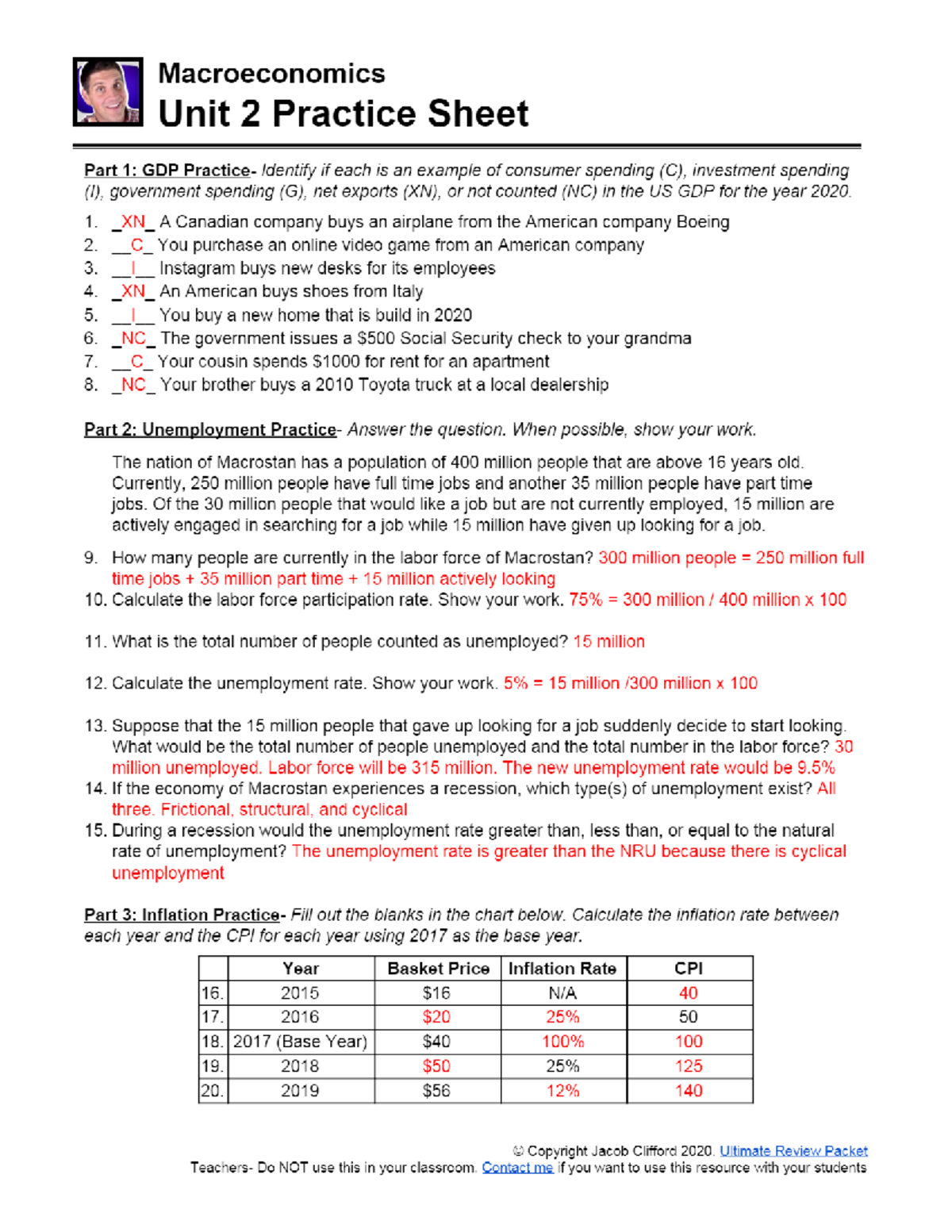 Macroeconomics Unit 2 Practice Sheet Answers: GDP, Unemployment ...