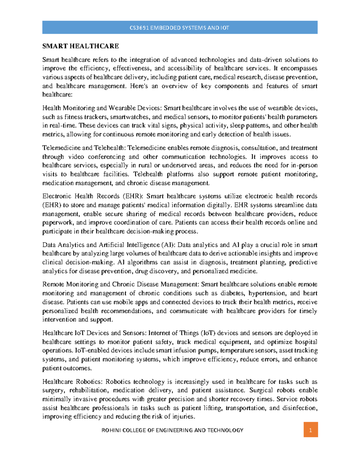 CS3691 Smart Healthcare: Overview of Embedded Systems & IoT - Studocu