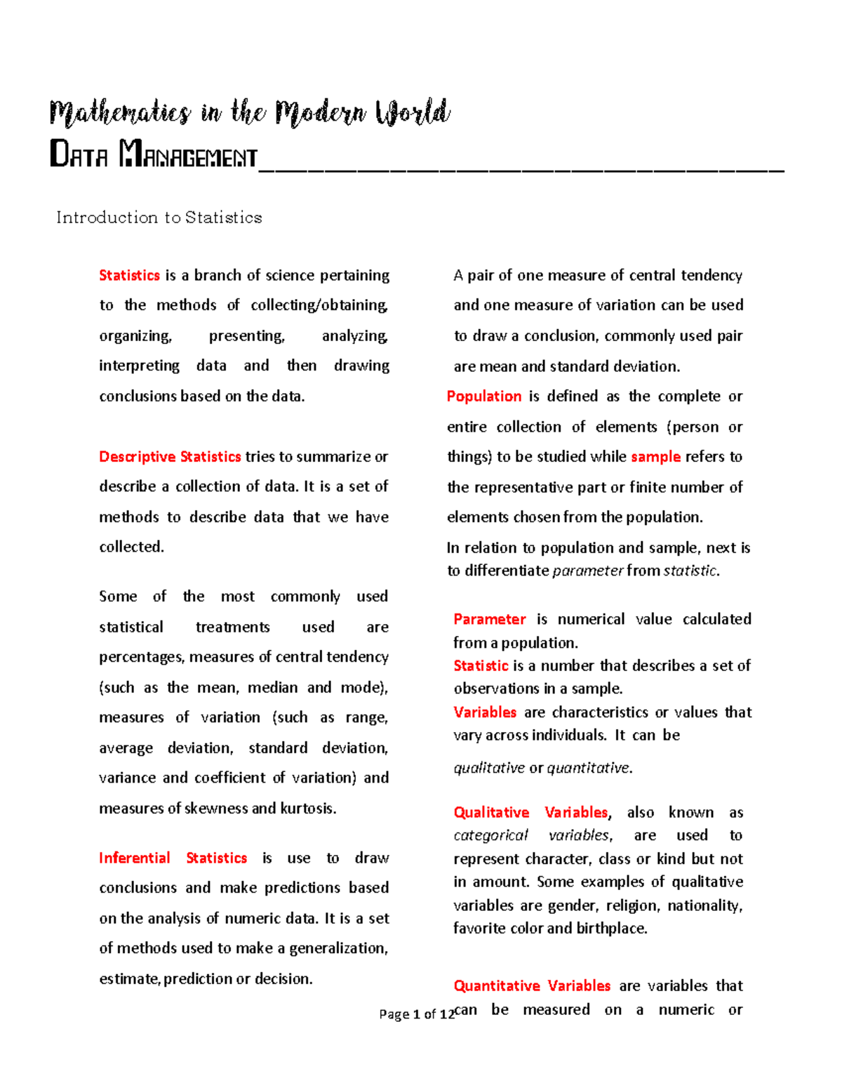 MMW Data Management: Overview of Statistics and Analysis Techniques ...