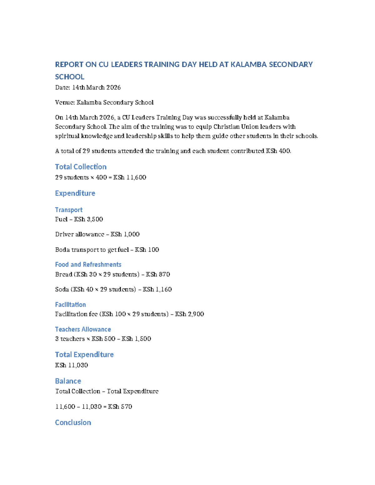 CU Leaders Training Report - Kalamba Sec School (14 Mar 2026) - Studocu