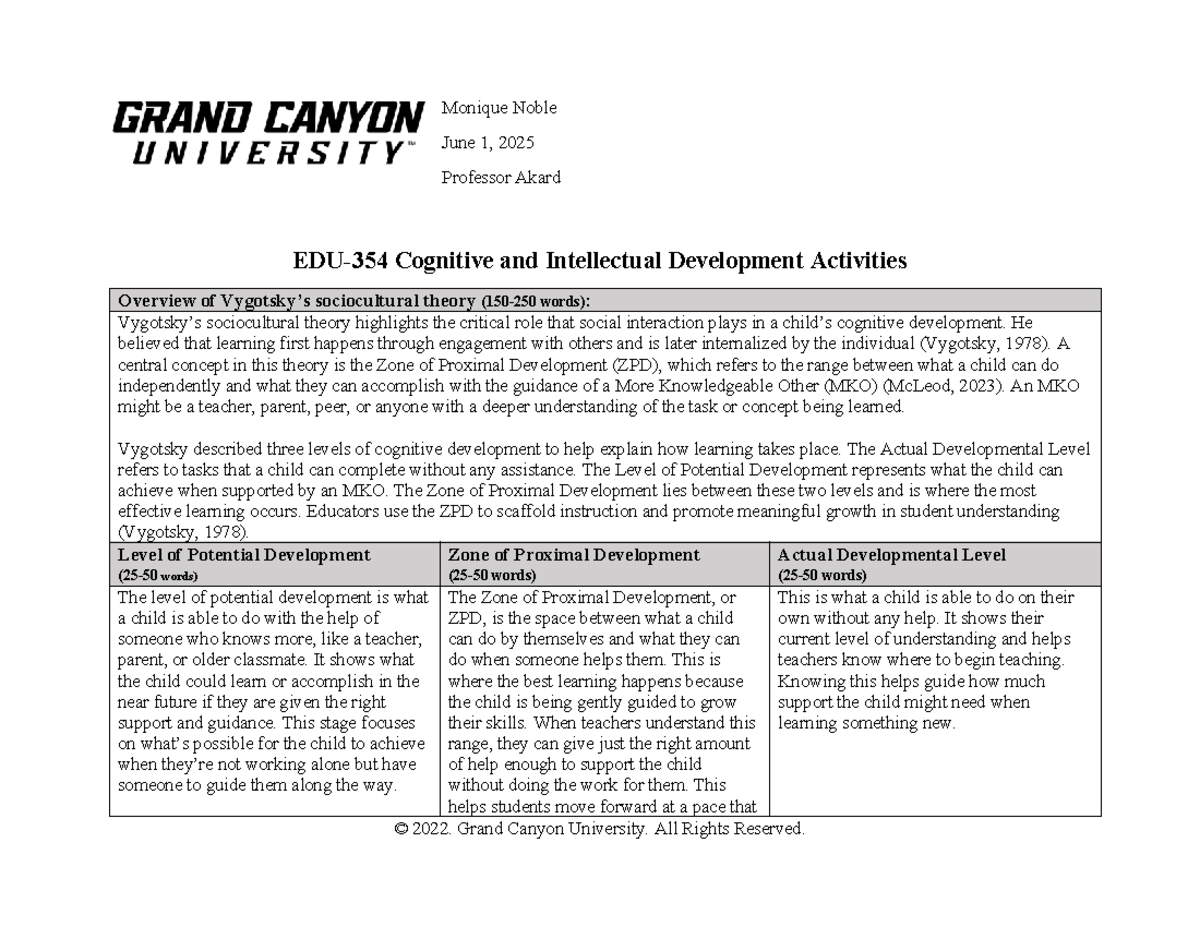 EDU 354 RS T3 Cognitive Development & ZPD Activities Overview - Studocu