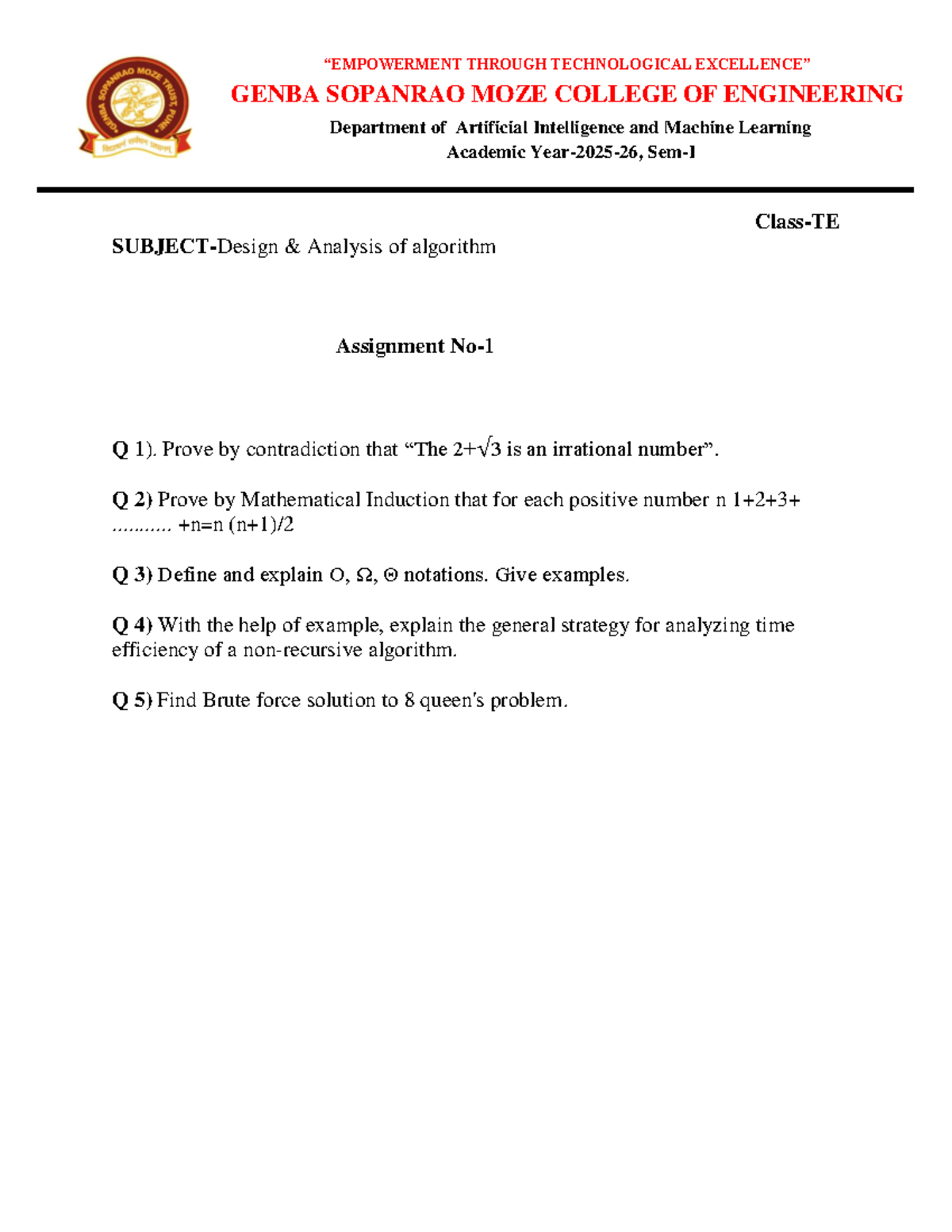 Assignment 1-DAA - Yes - Class-TE SUBJECT-Design & Analysis of ...