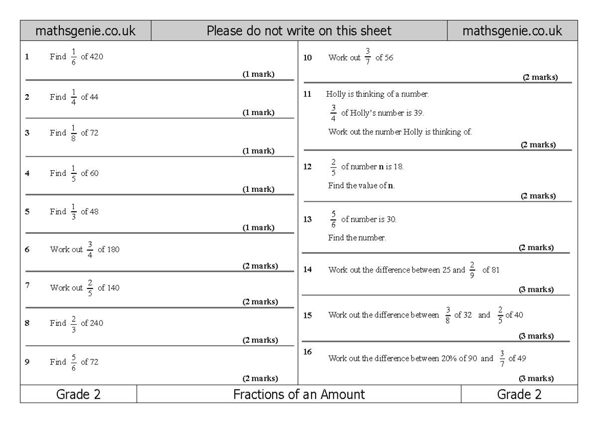 MathsGenie.co.uk Grade 2 Fractions of an Amount Worksheet - Studocu