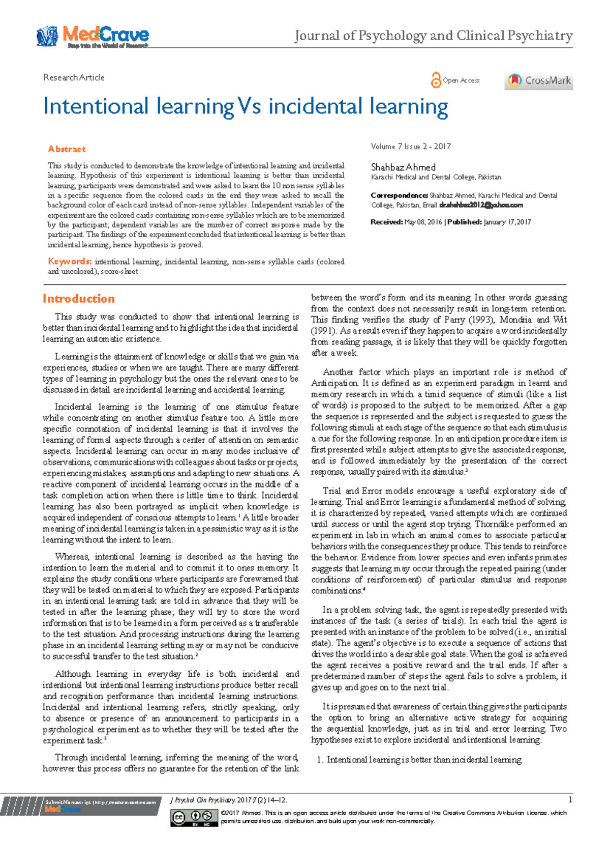 Intentional Learning vs Incidental Learning: A Study on Memory ...