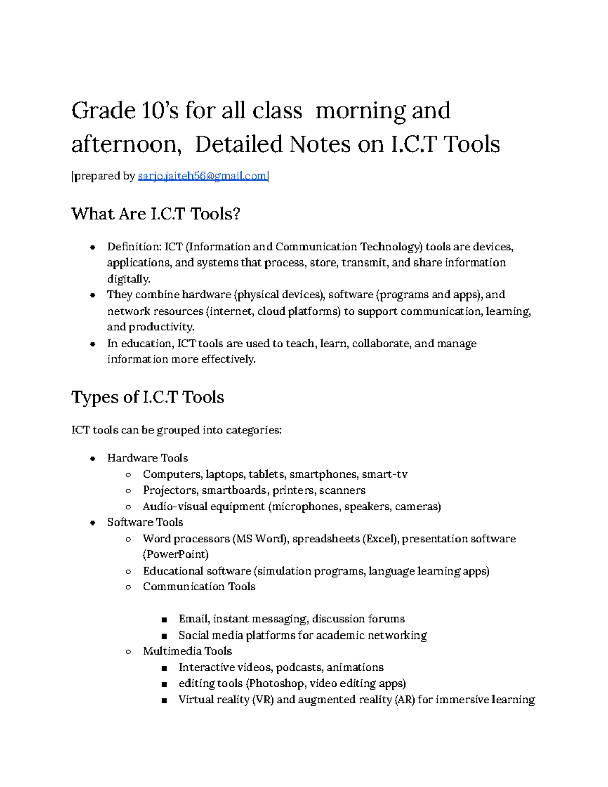 Detailed Notes on ICT Tools: Definition, Types, and Applications - Studocu