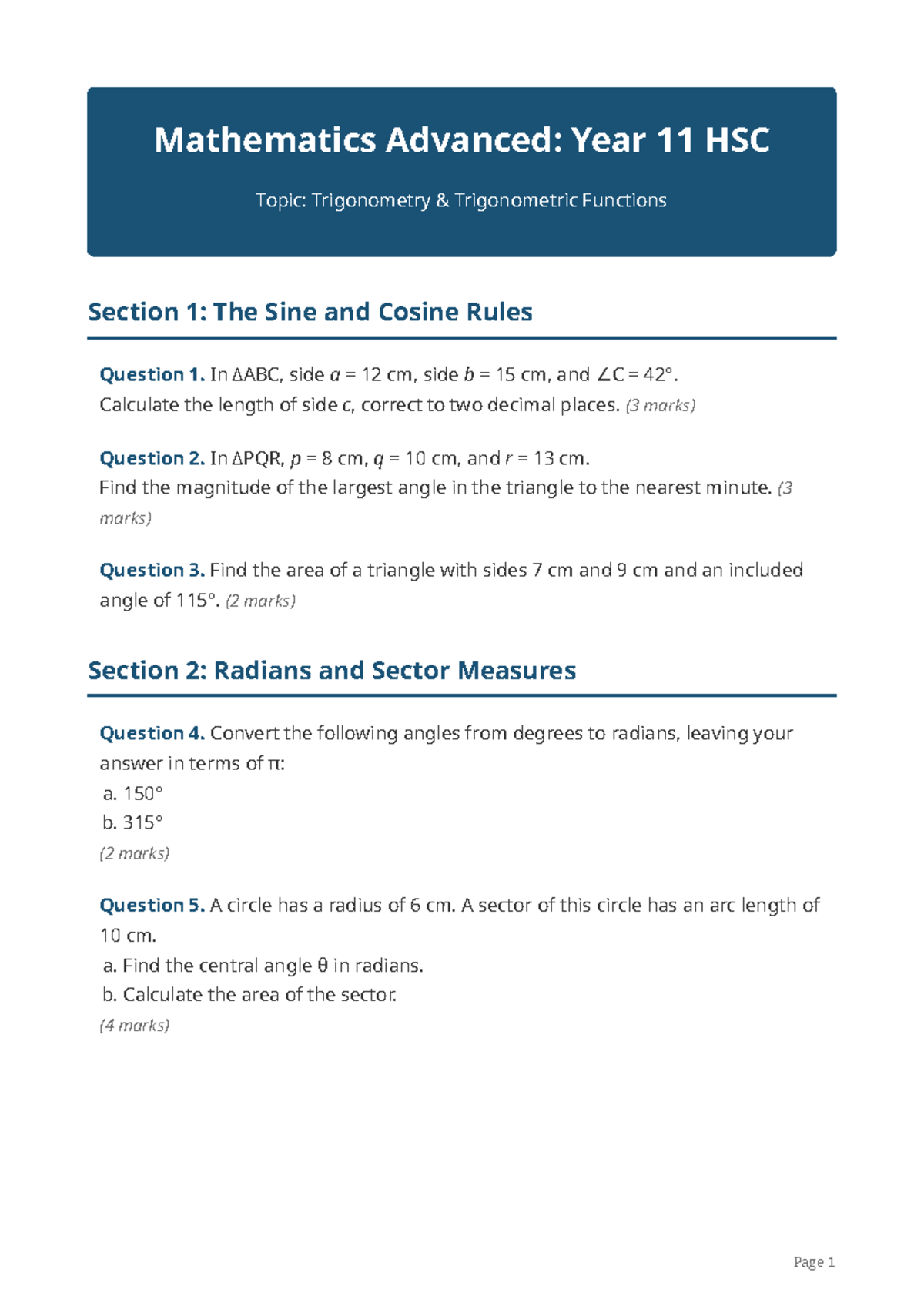 Year 11 HSC Trigonometry Practice Questions and Solutions - Studocu