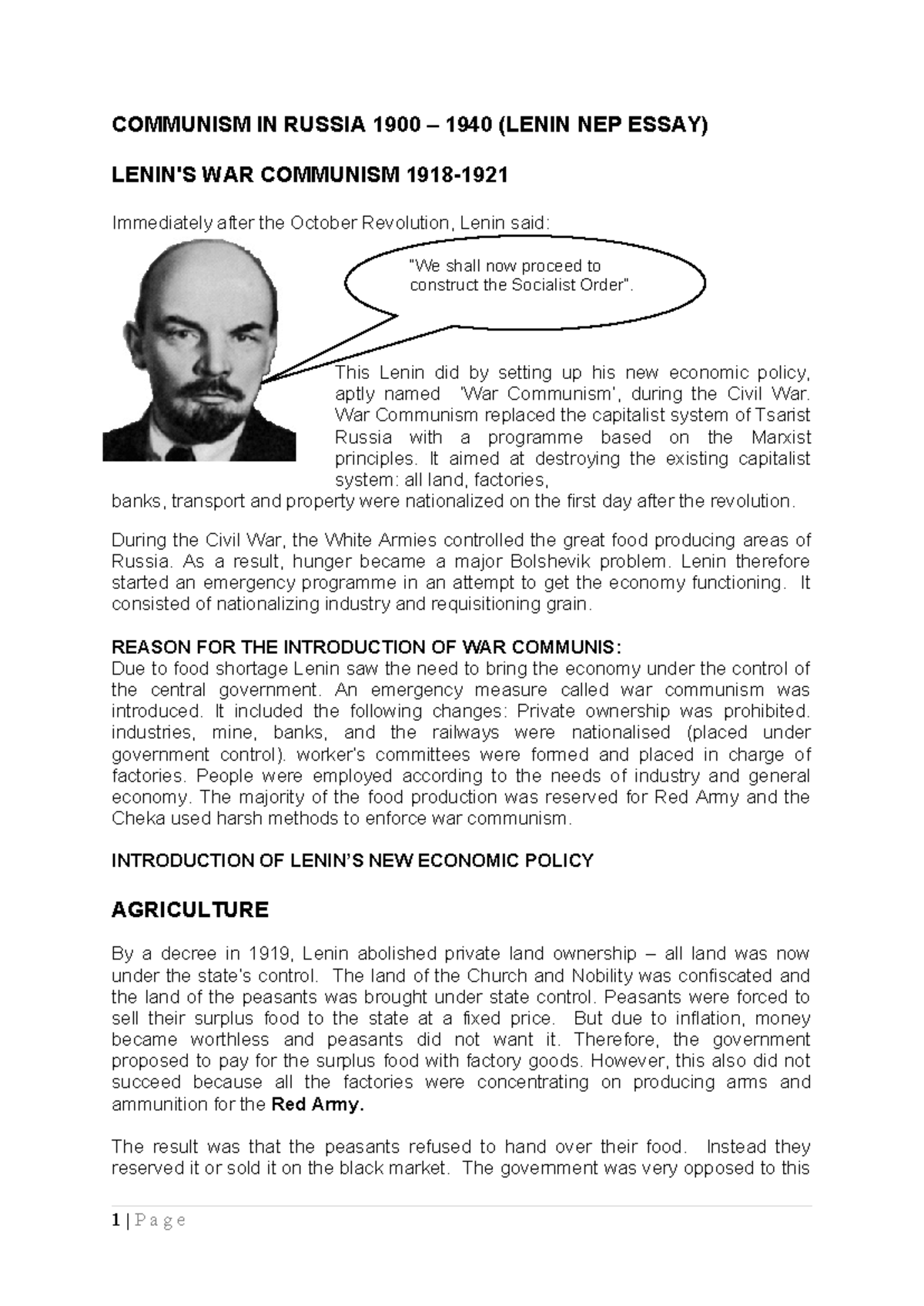 Lenin's War Communism & NEP: Term 1 Essay Notes 2025 - Studocu