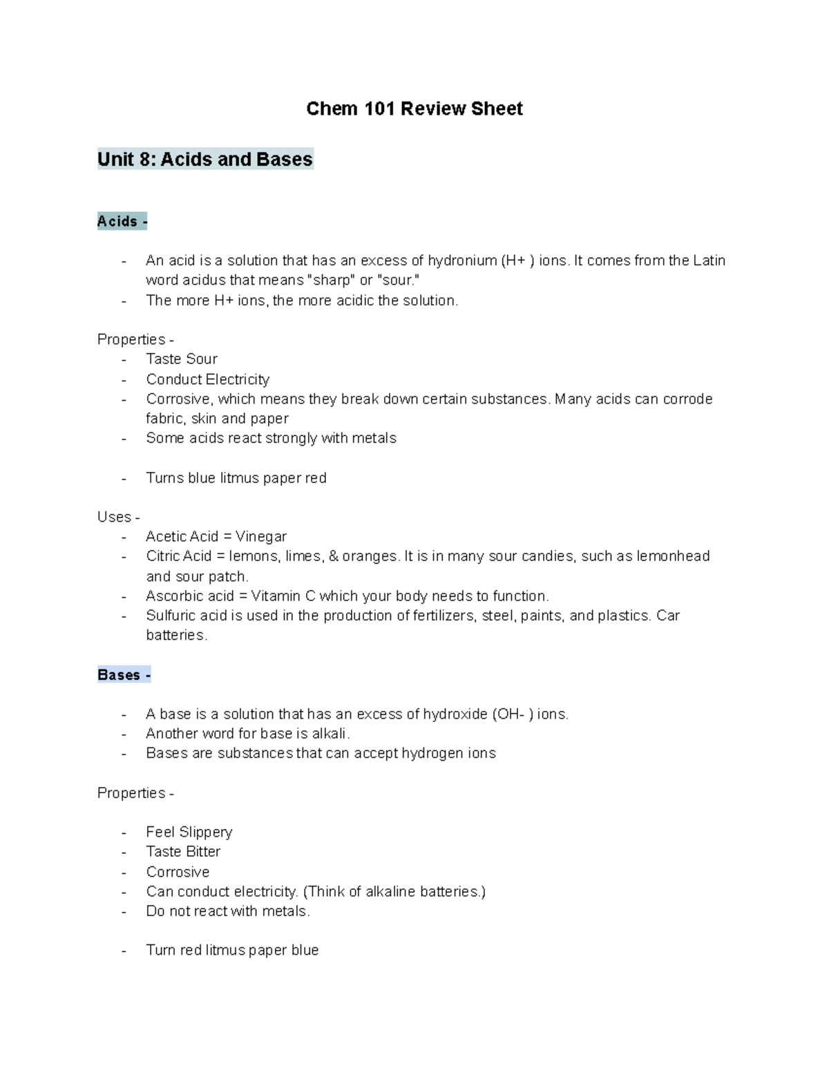 Chem 101 Review Sheet - Unit 8 - It comes from the Latin word acidus ...